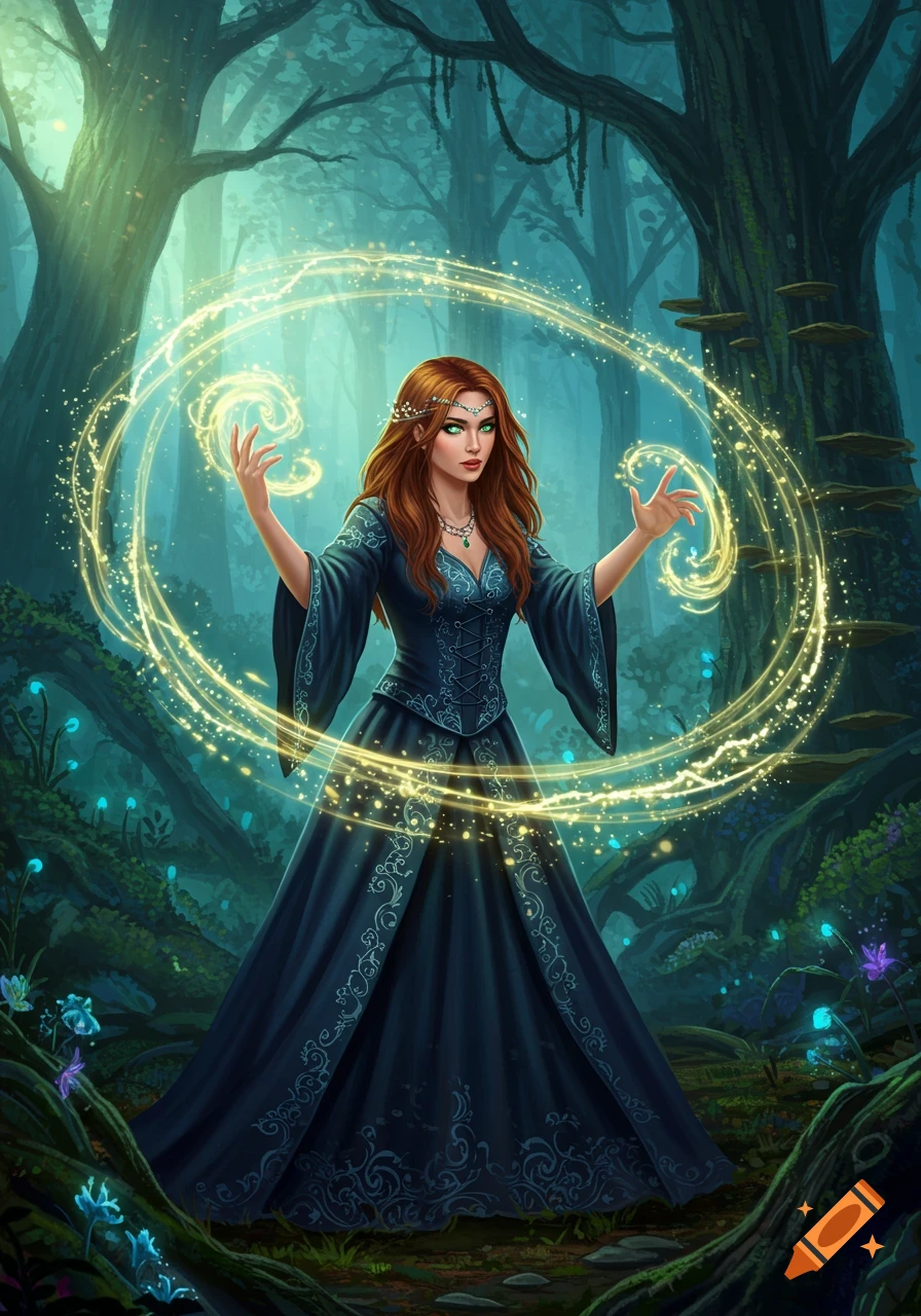 A red-haired witch in a blue dress casting golden magic spells in a ...