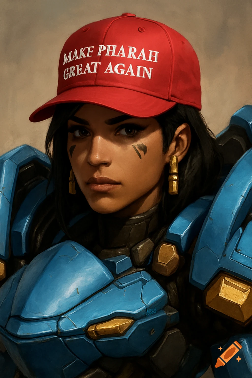 Close-up portrait of Pharah from Overwatch in blue and gold sci-fi ...