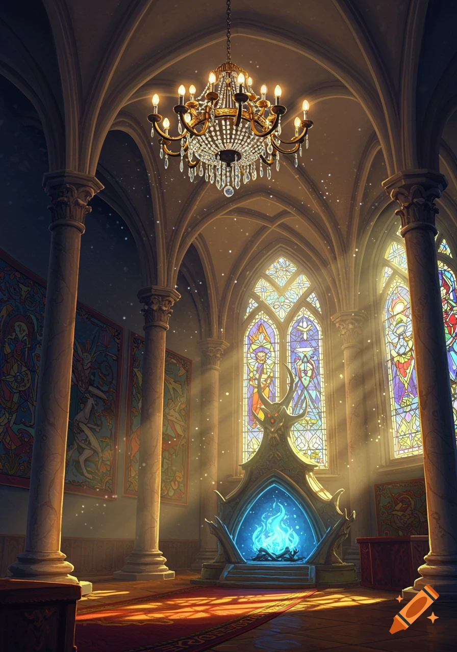 Fantasy castle interior with high arches, stained glass windows ...