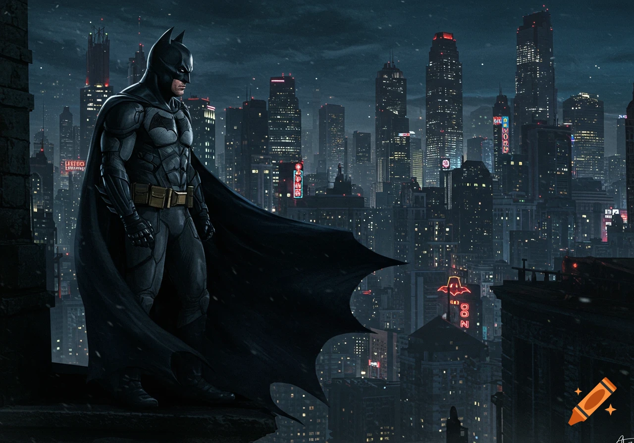 Batman stands on a dark Gotham City rooftop, his cape flowing in the ...