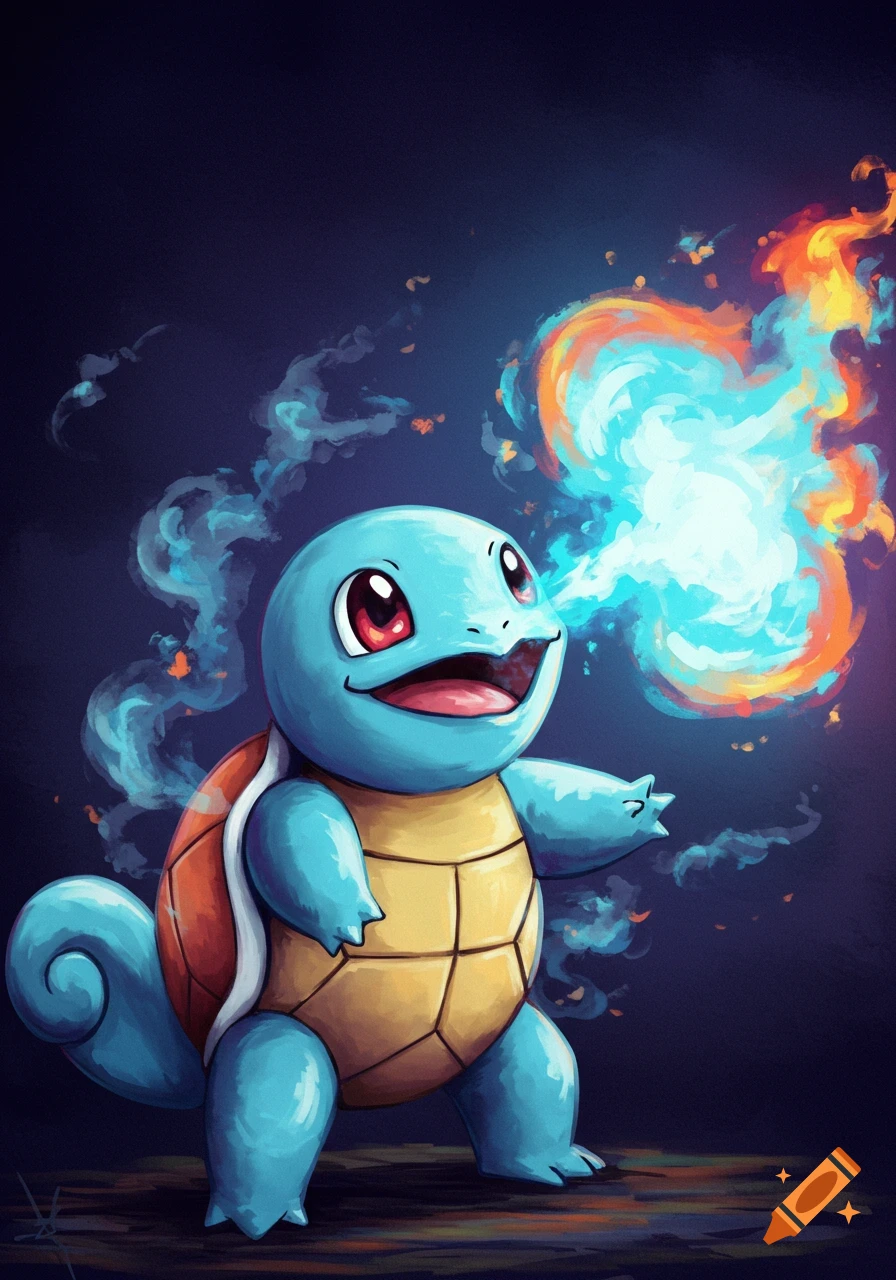 Illustration of Squirtle breathing blue and orange fire on Craiyon