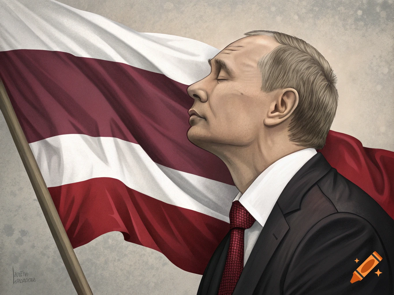 Illustrated portrait of Vladimir Putin with closed eyes, head tilted ...