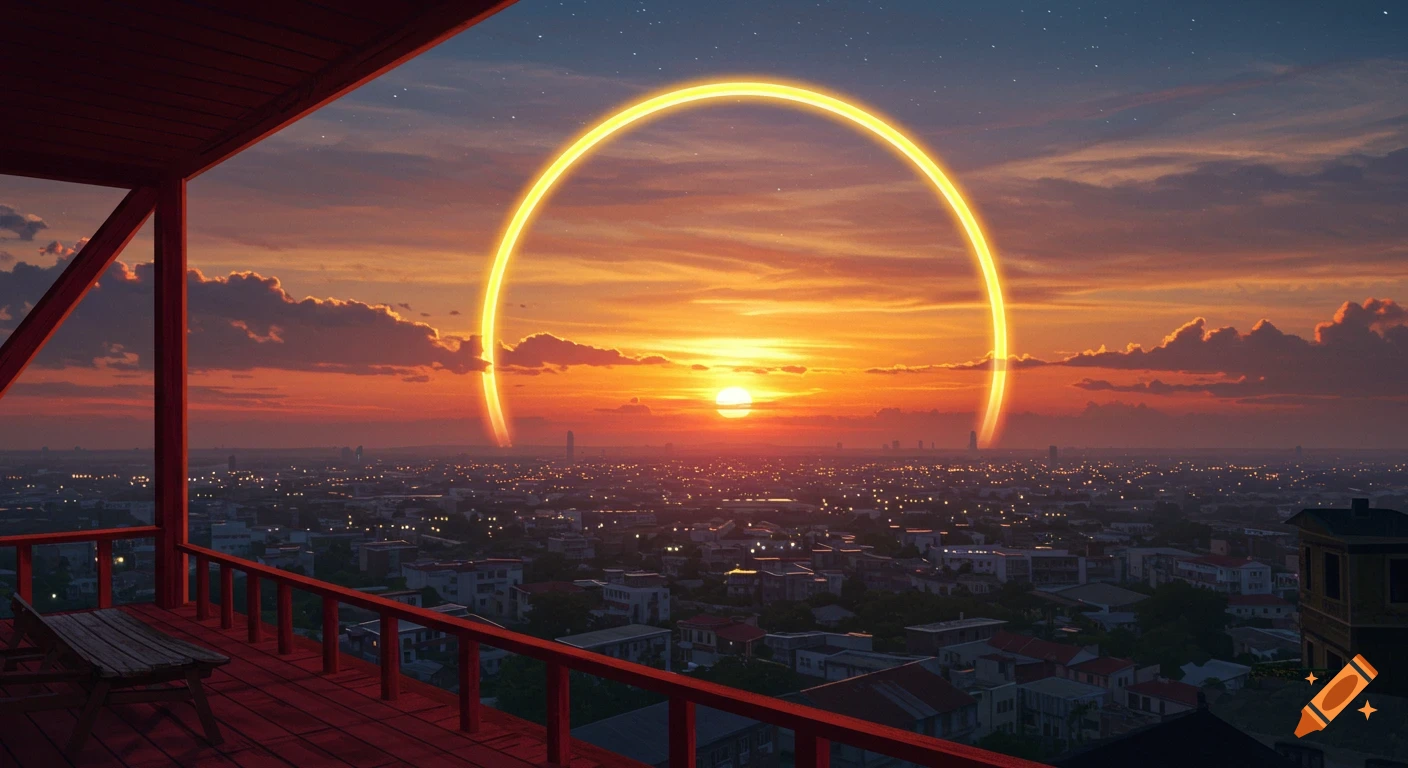 A glowing yellow arc spans the sunset sky over a sprawling city, viewed ...