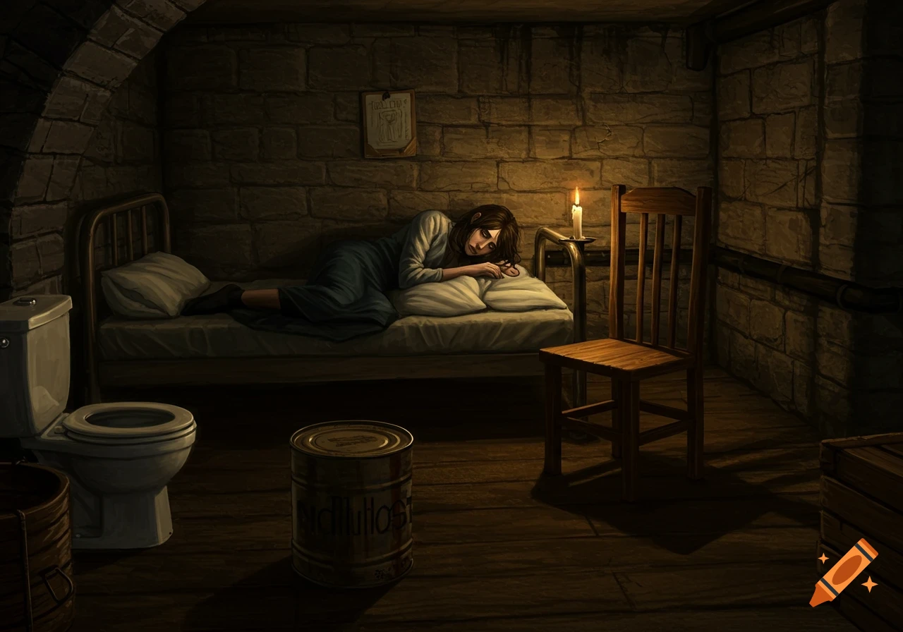 Illustration of a sad woman lying on a bed in a dimly lit stone ...