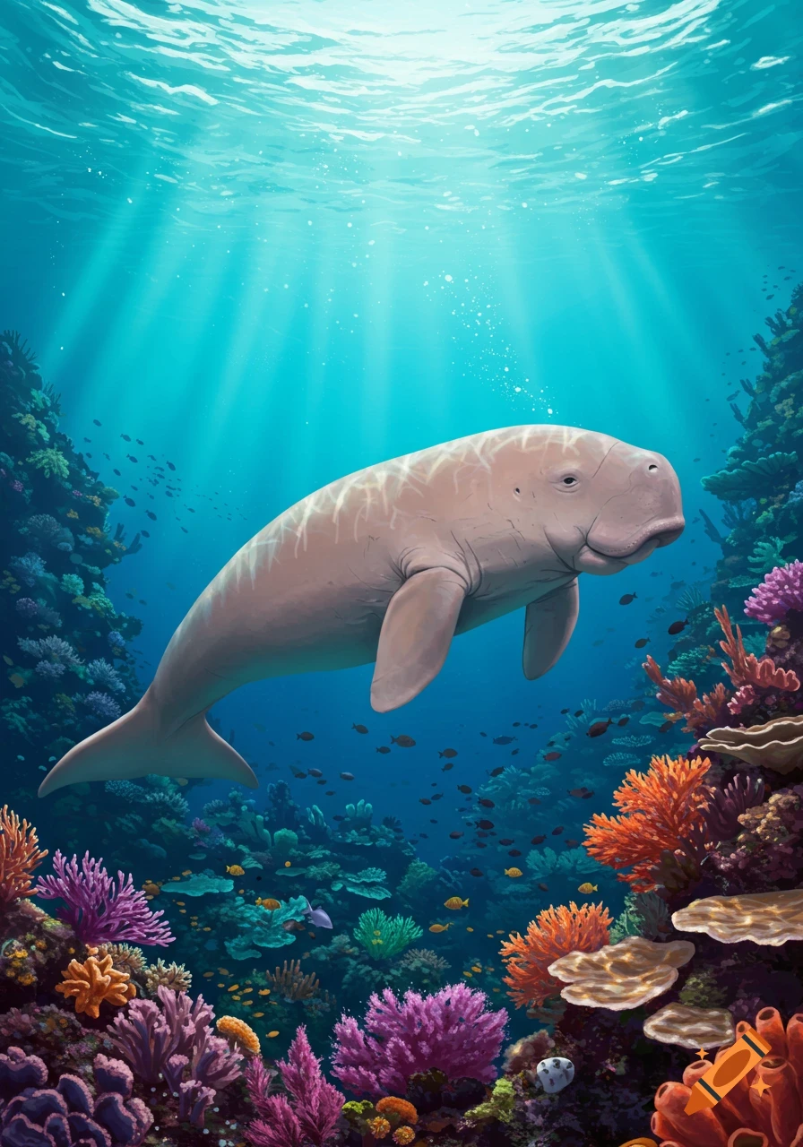 A dugong swims in a vibrant coral reef, illuminated by sun rays. on Craiyon