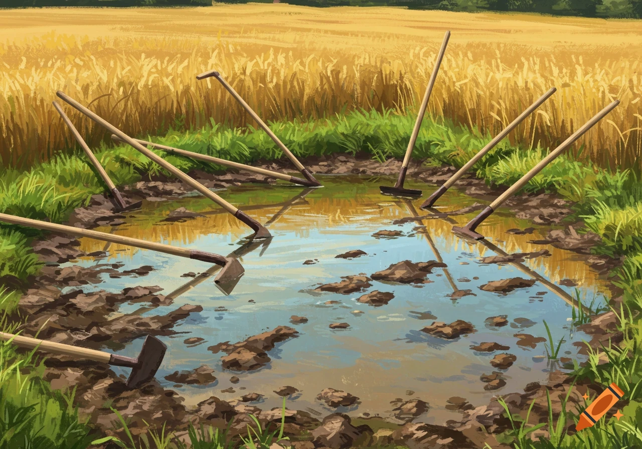 A muddy puddle with hoes in a field of tall yellow grass. on Craiyon