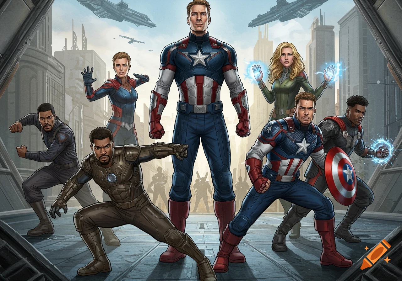 An illustration of six superheroes in action poses, including Captain ...