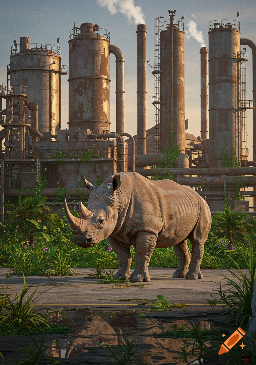 A photorealistic image of a rhino standing on a paved area in front of ...