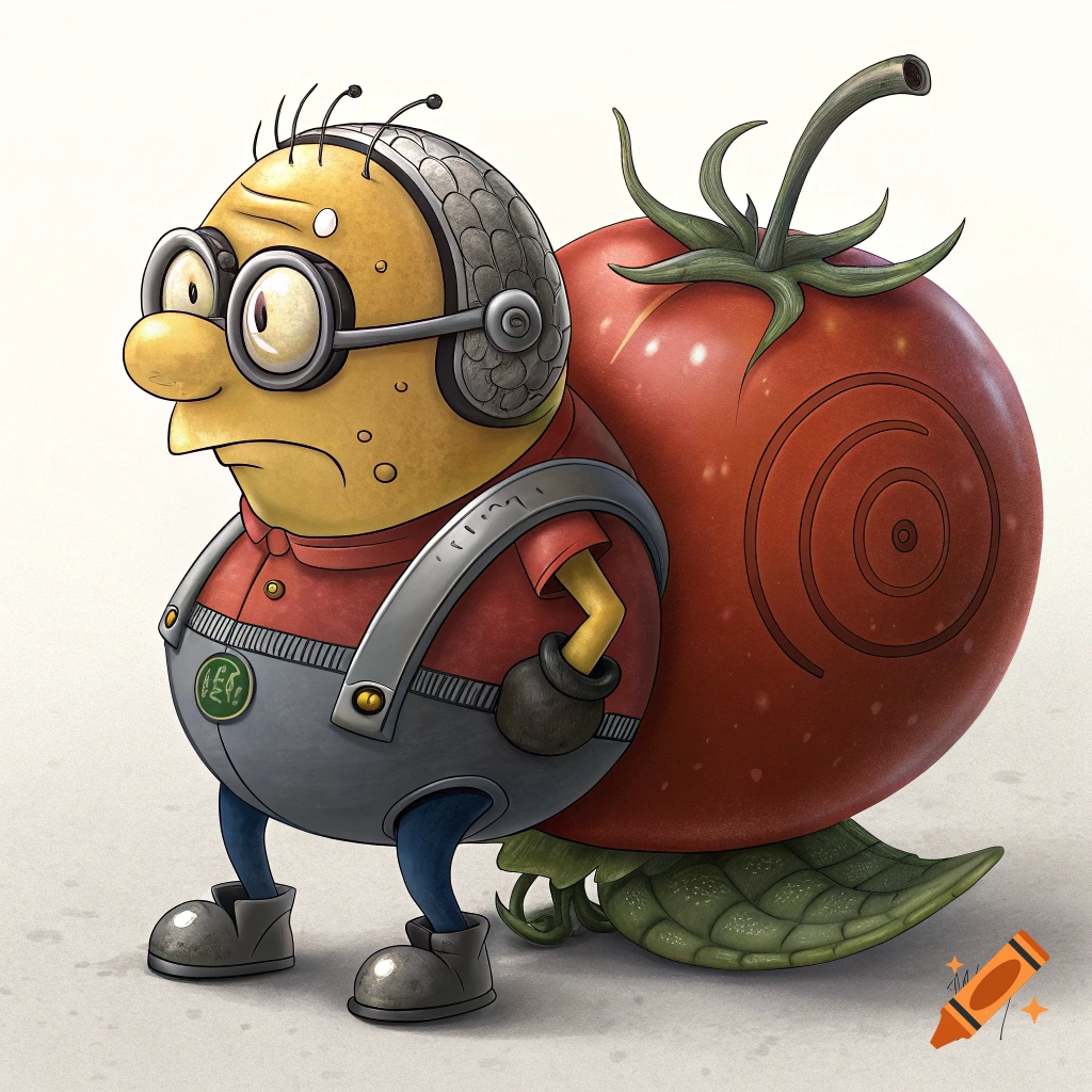 A cartoon illustration of a mutant robot tomato-snail creature that ...
