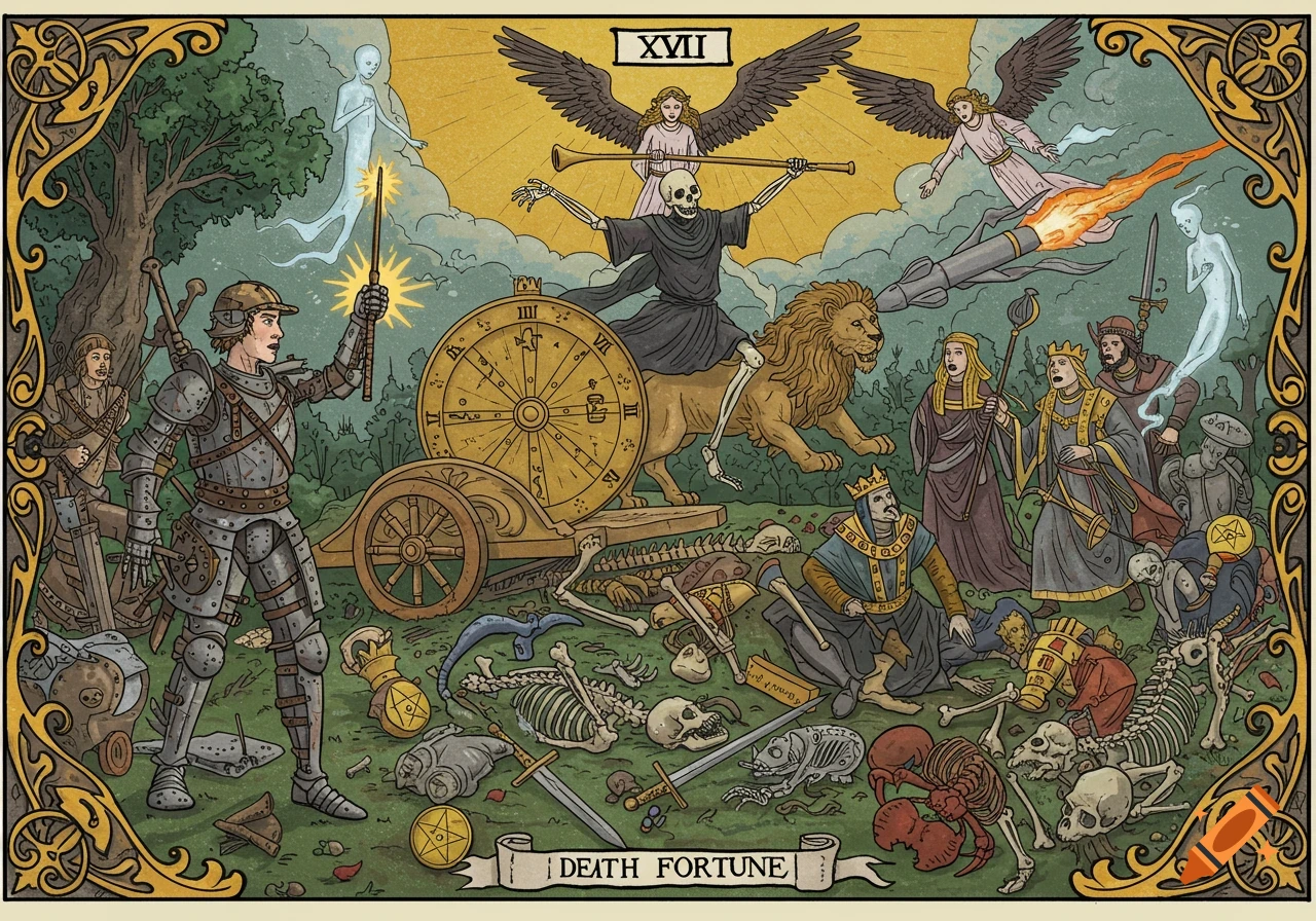 Intricate medieval art style tarot card depicting Death on a lion ...