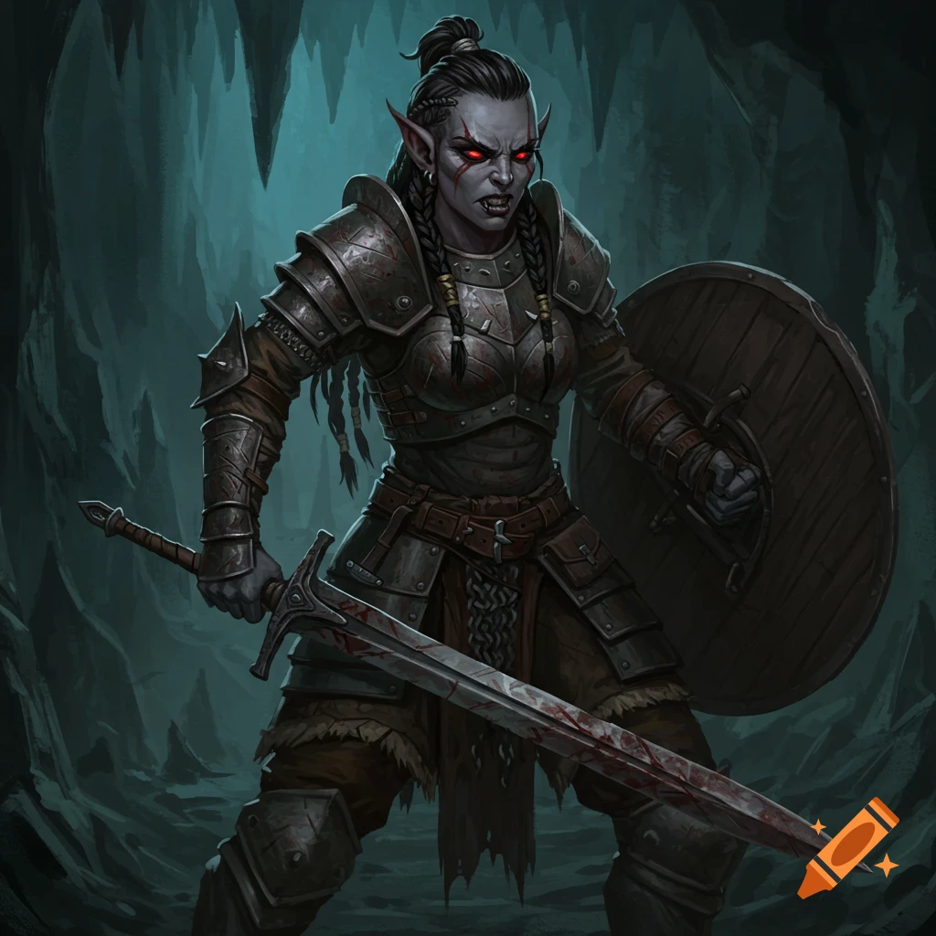 A fantasy female orc warrior in armor with sword and shield in a cave ...