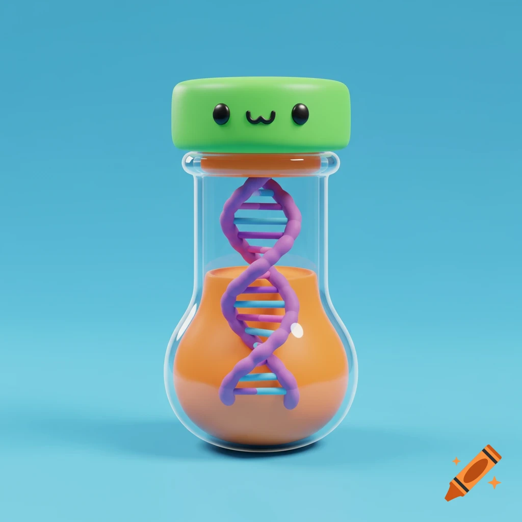 A cute cartoon DNA helix inside a science vial. on Craiyon