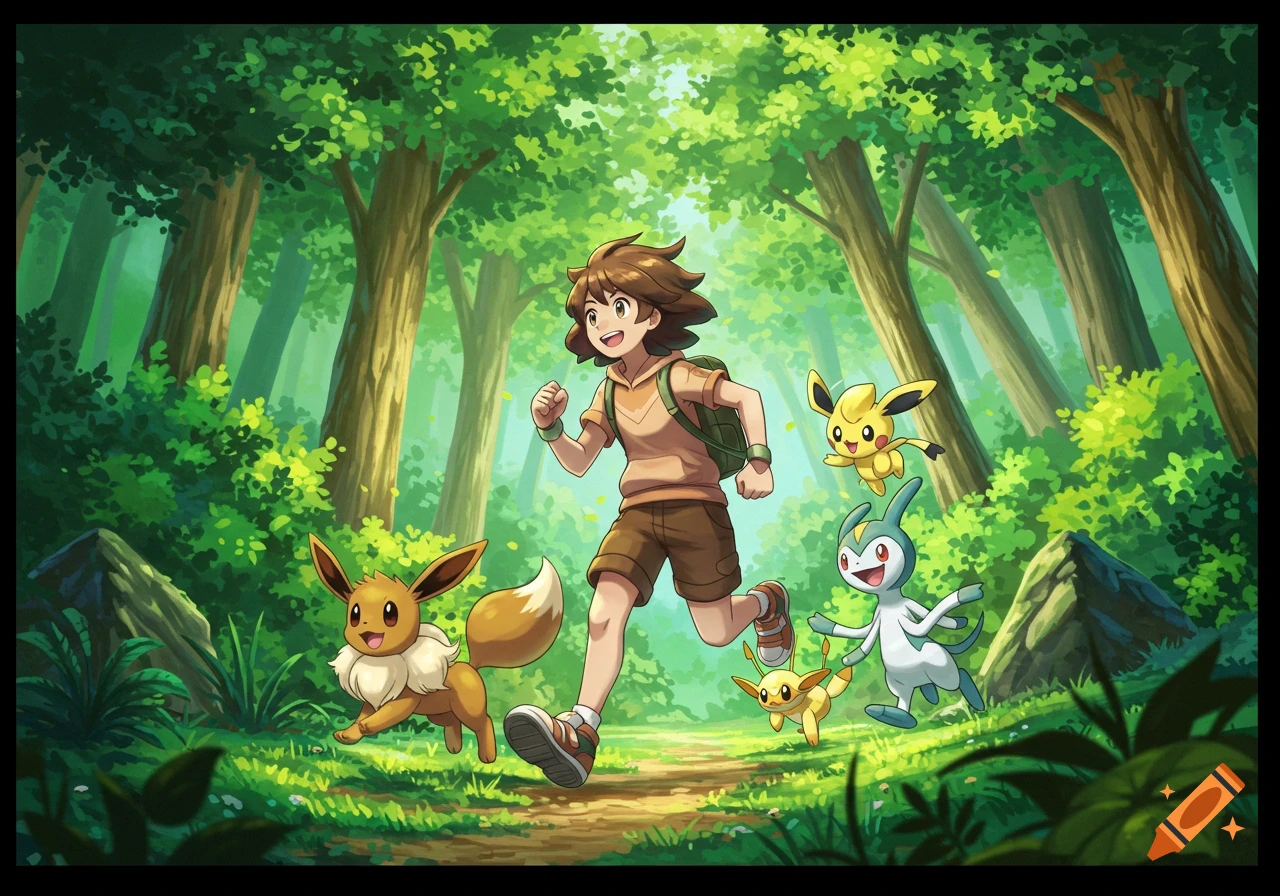 A young anime-style Pokemon trainer with Eevee, Pichu, and other ...