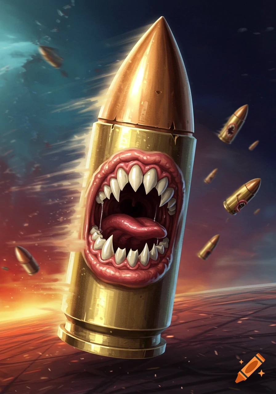 A large golden bullet with a monstrous mouth, sharp white teeth, and a ...