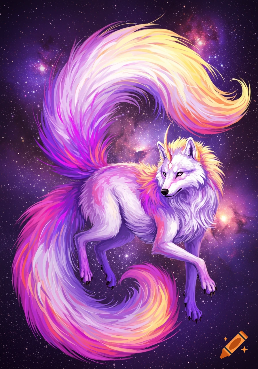 A vibrant, multi-colored fantasy wolf with a horn and flowing tails ...
