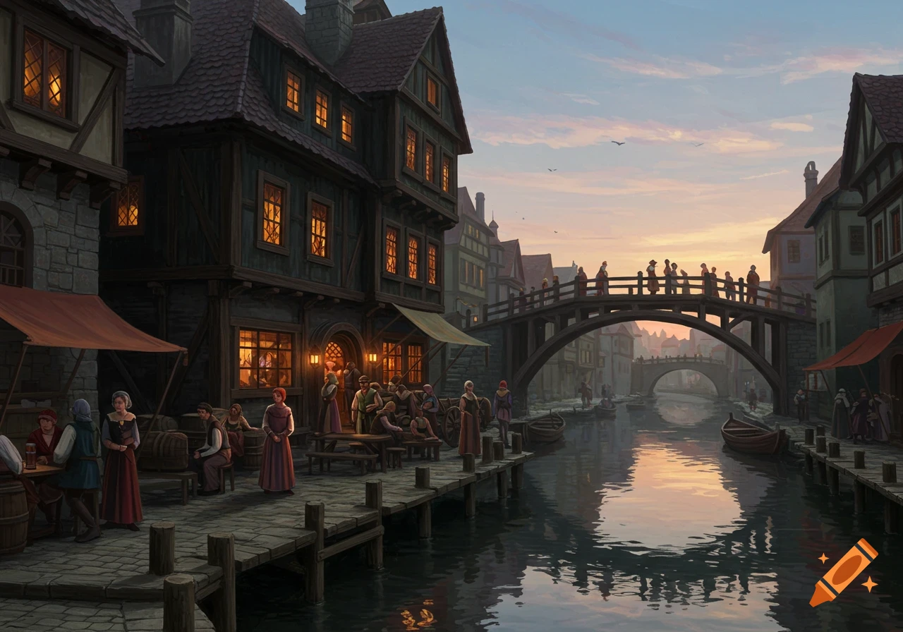 A medieval town scene with a tavern by a river, a wooden bridge, and ...