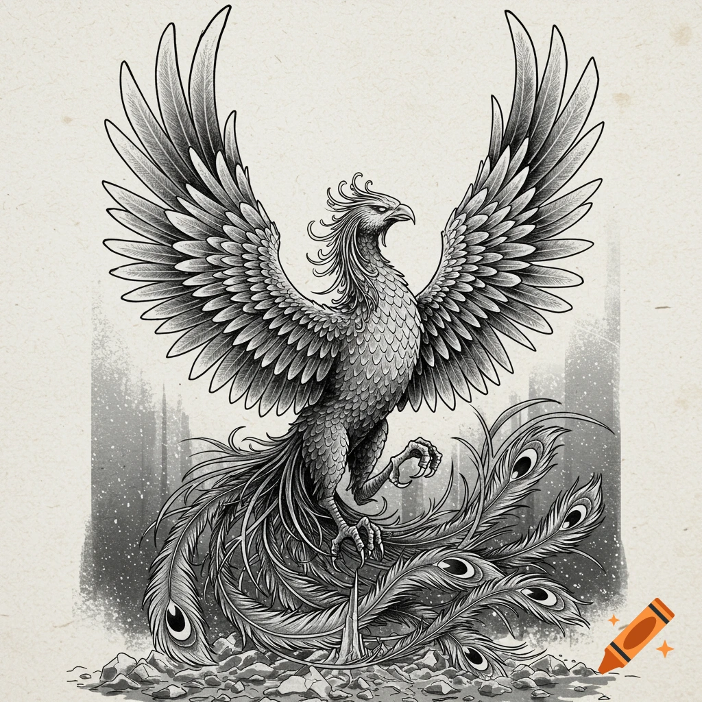 A detailed black and white illustration of a phoenix with outstretched ...