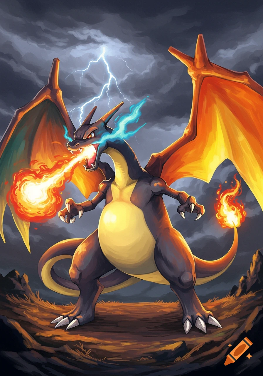 A powerful Charizard, a dark dragon-like creature, roars and breathes a ...