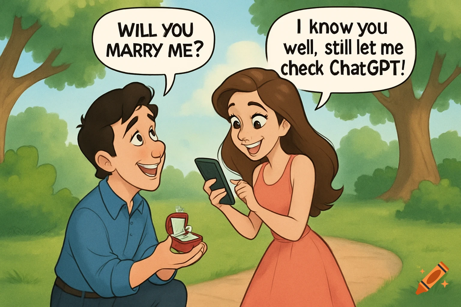 Cartoon of a man proposing to a woman in a park with speech bubbles on ...