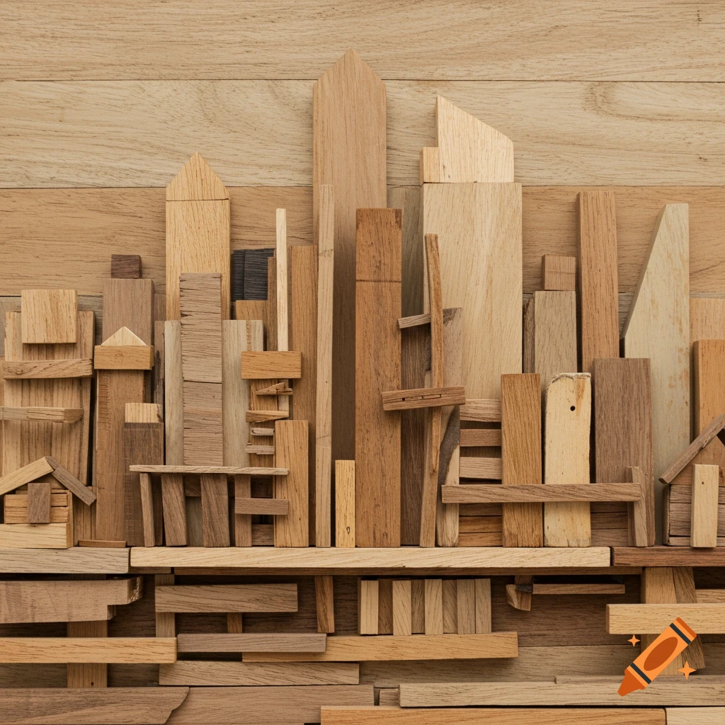 A close-up view of a cityscape sculpture made from various shapes and ...