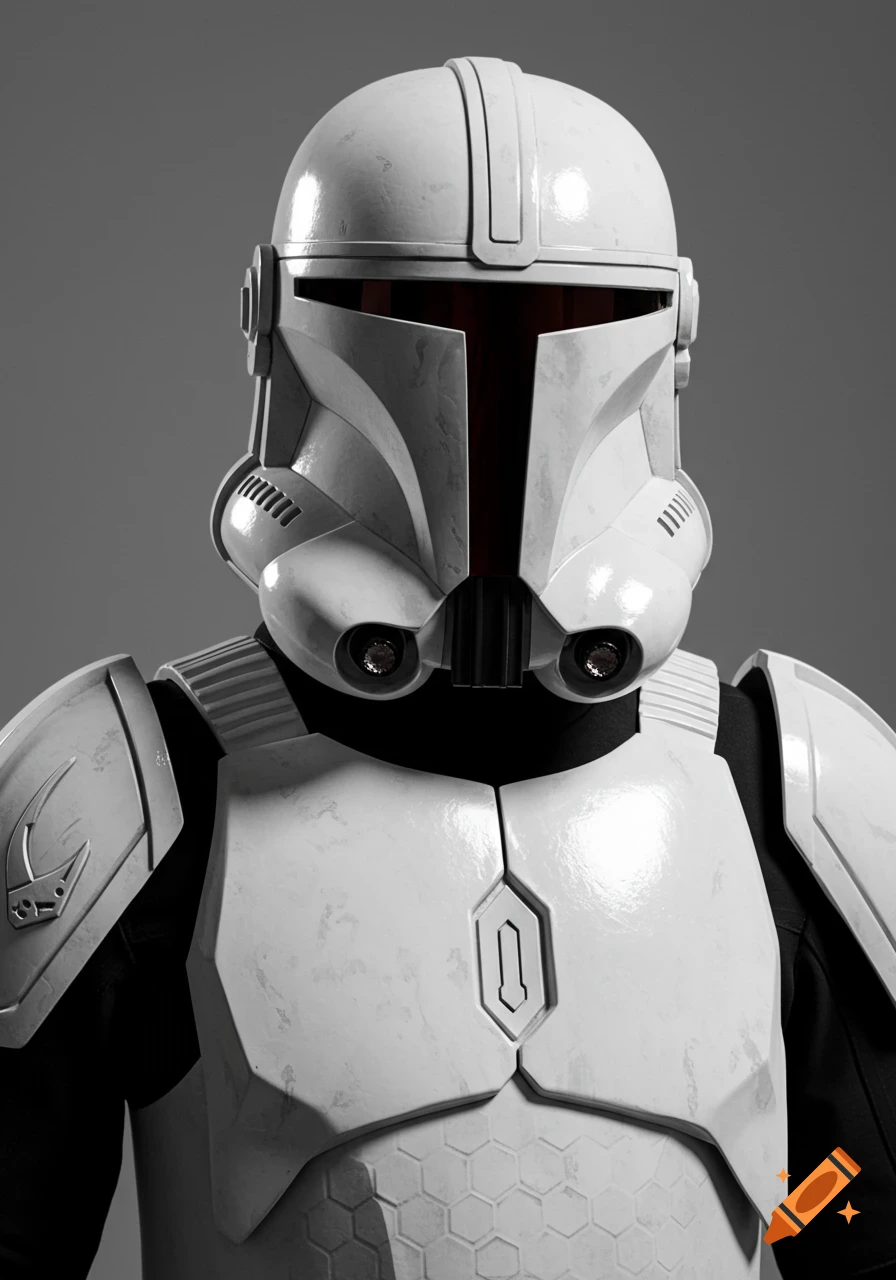 Close-up portrait of a person wearing white futuristic armor with a red ...