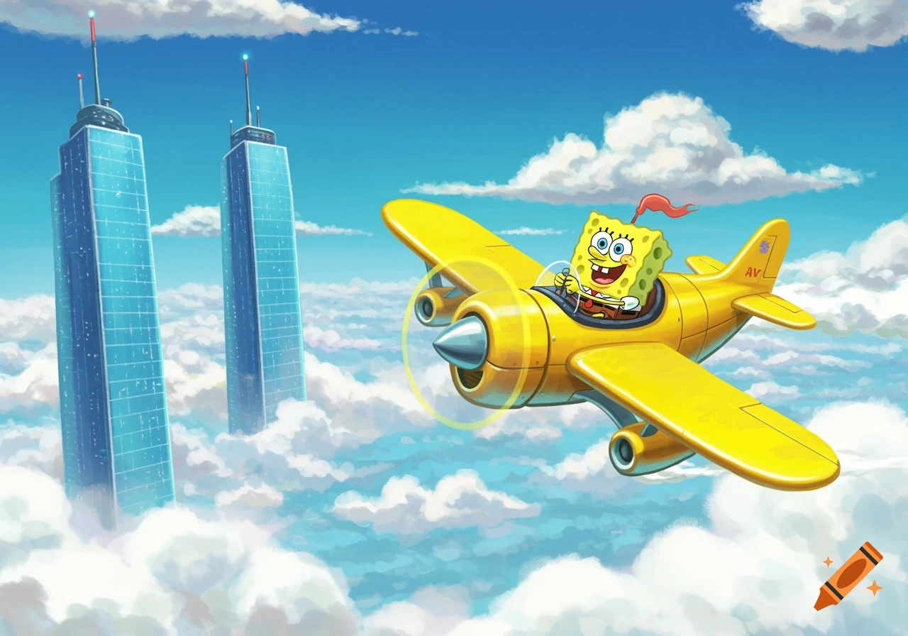 Spongebob Squarepants flies a yellow airplane in the sky past two tall ...