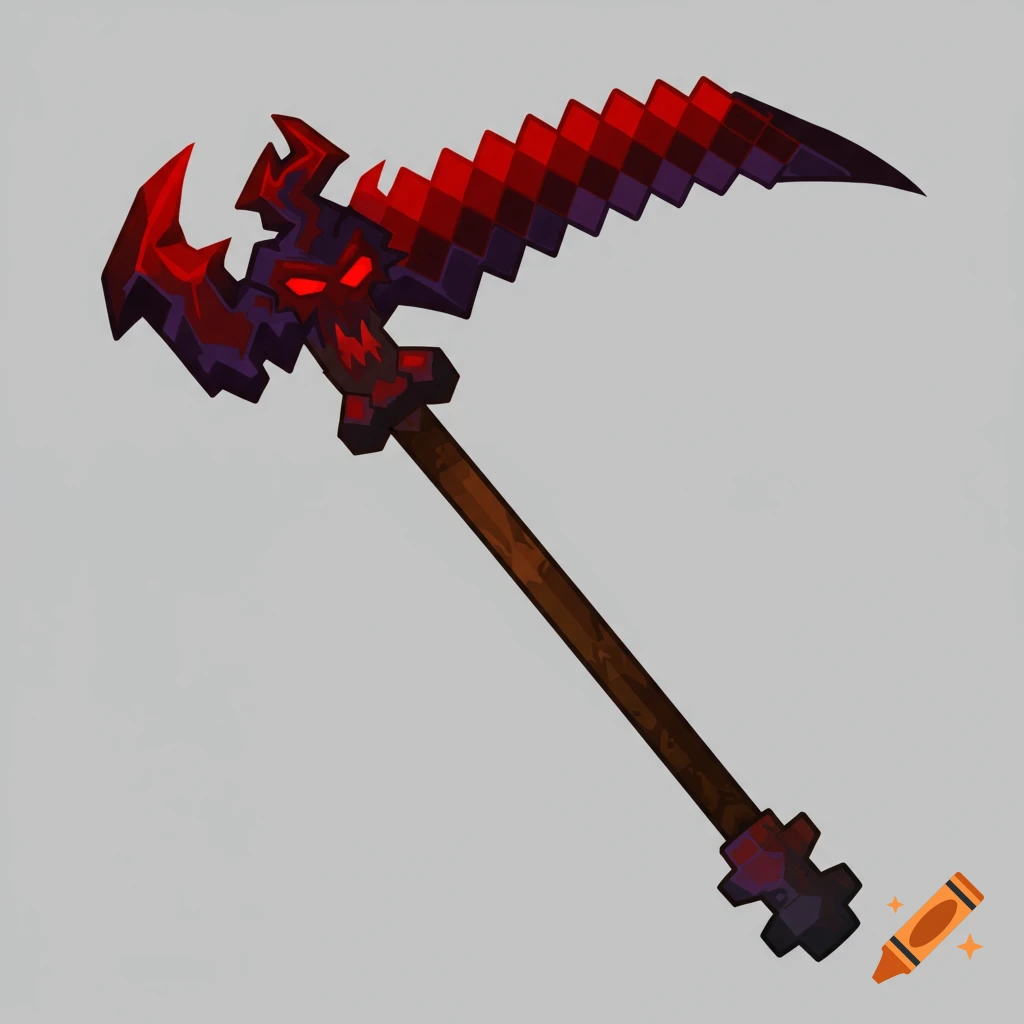 A stylized red and black demon scythe with a skull hilt, resembling a ...
