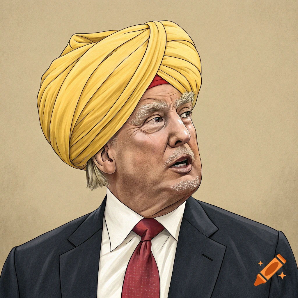 Caricature of Donald Trump in a yellow turban and suit. on Craiyon