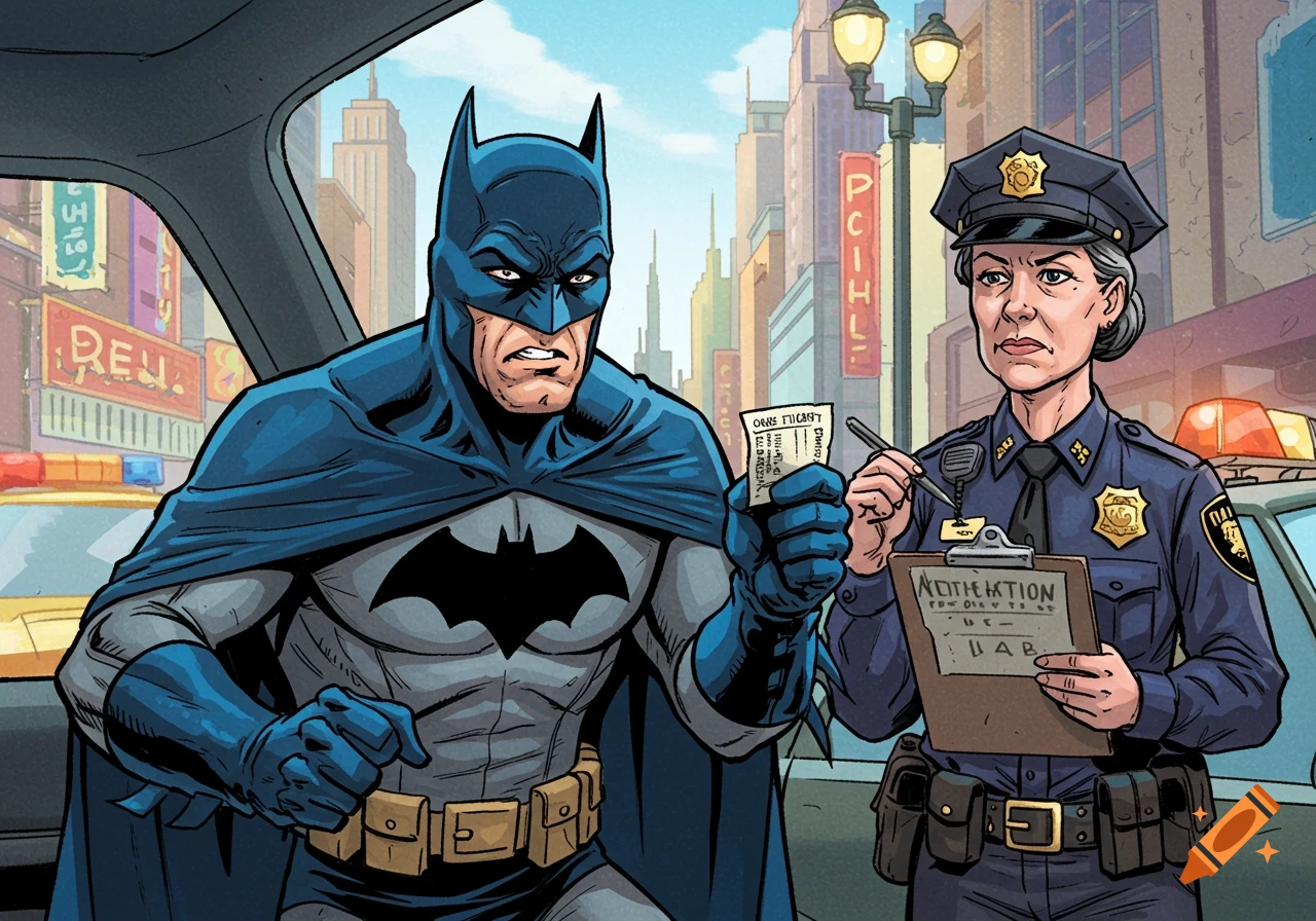 Comic-style illustration of Batman holding a ticket, confronting a ...