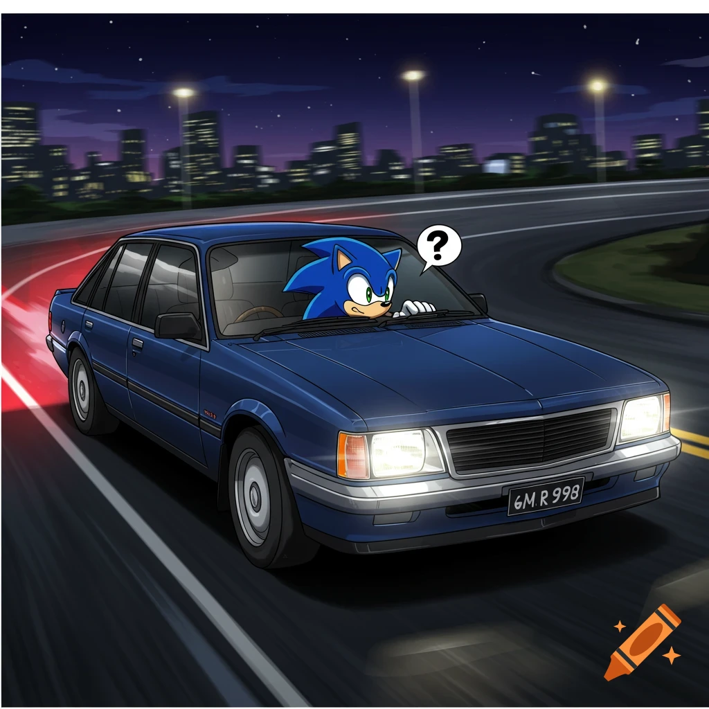 Illustrated scene of Sonic the Hedgehog driving a blue car on a city ...
