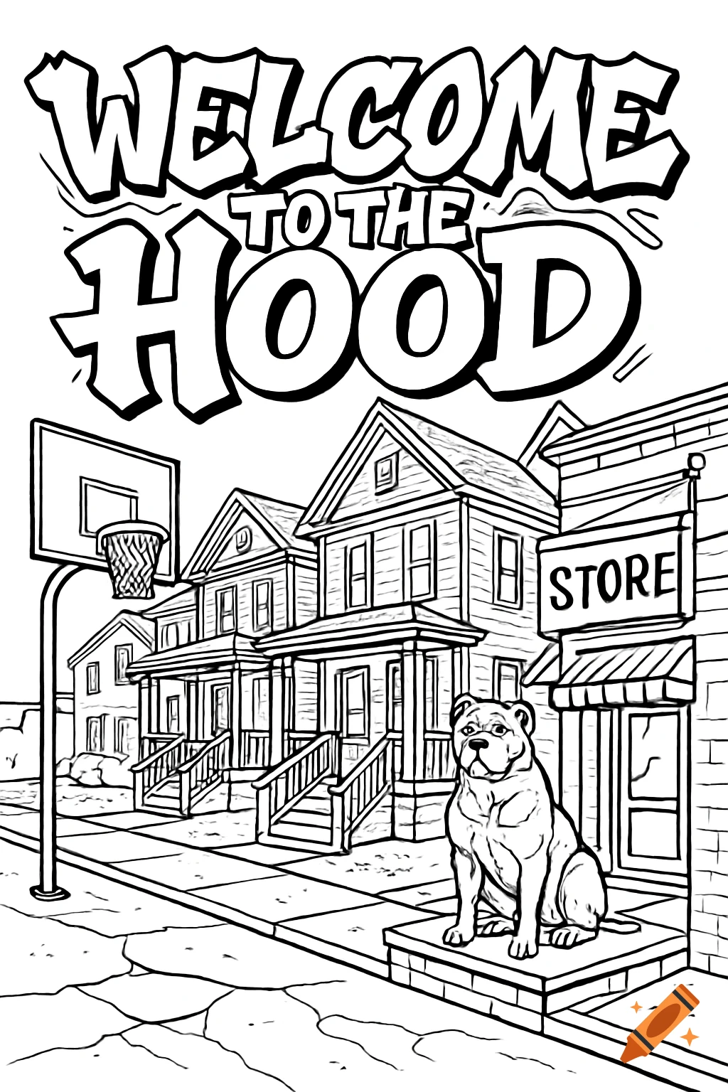 Black and white line art coloring page of an urban street with houses ...
