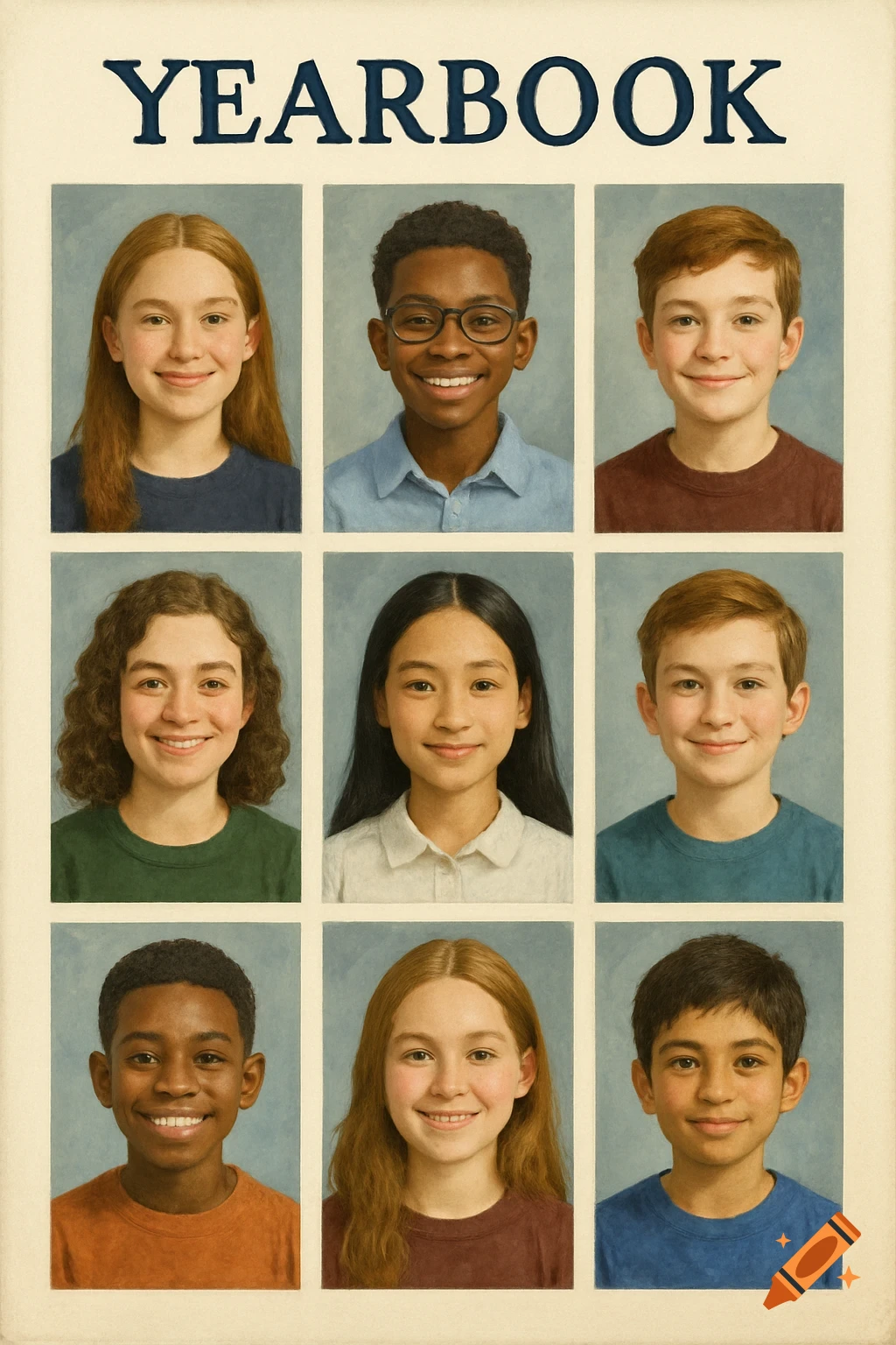 A grid of nine painted portraits of diverse children, boys and girls ...