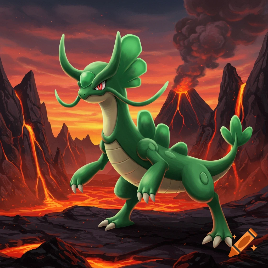 A green dragon-like creature stands on volcanic rock with lava and ...