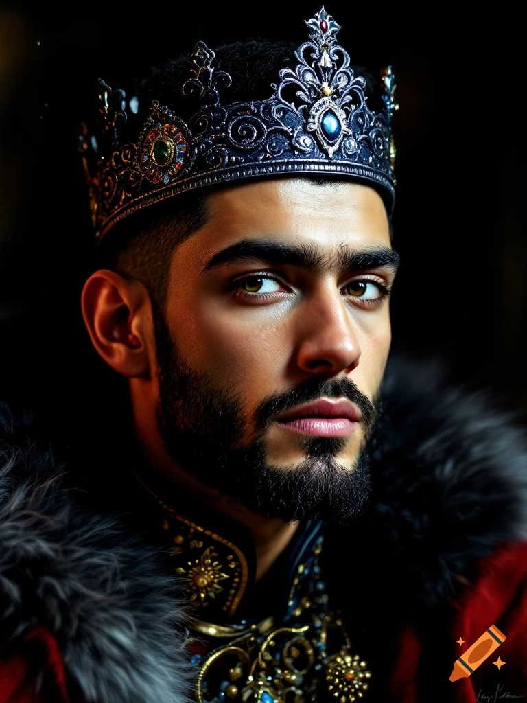 Photorealistic portrait of a man with a beard wearing a dark, ornate crown and fur-lined royal ...