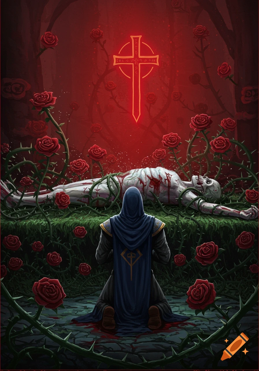 Dark fantasy painting of a hooded figure kneeling before a corpse ...