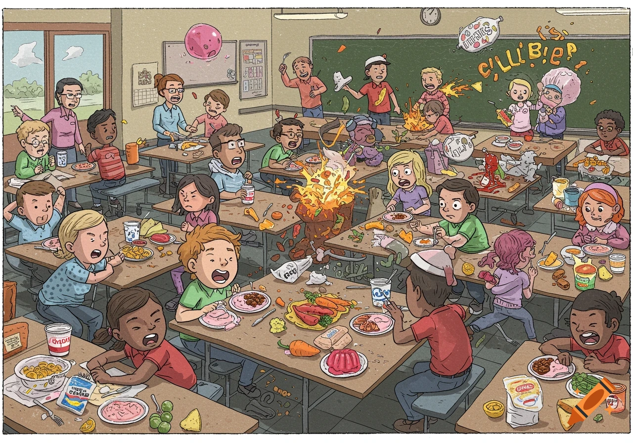 A detailed, cartoon-style illustration of a chaotic school cafeteria ...