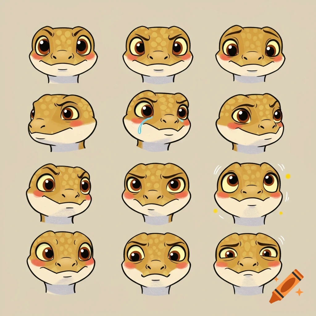 A character sheet displaying twelve different cartoon lizard head ...
