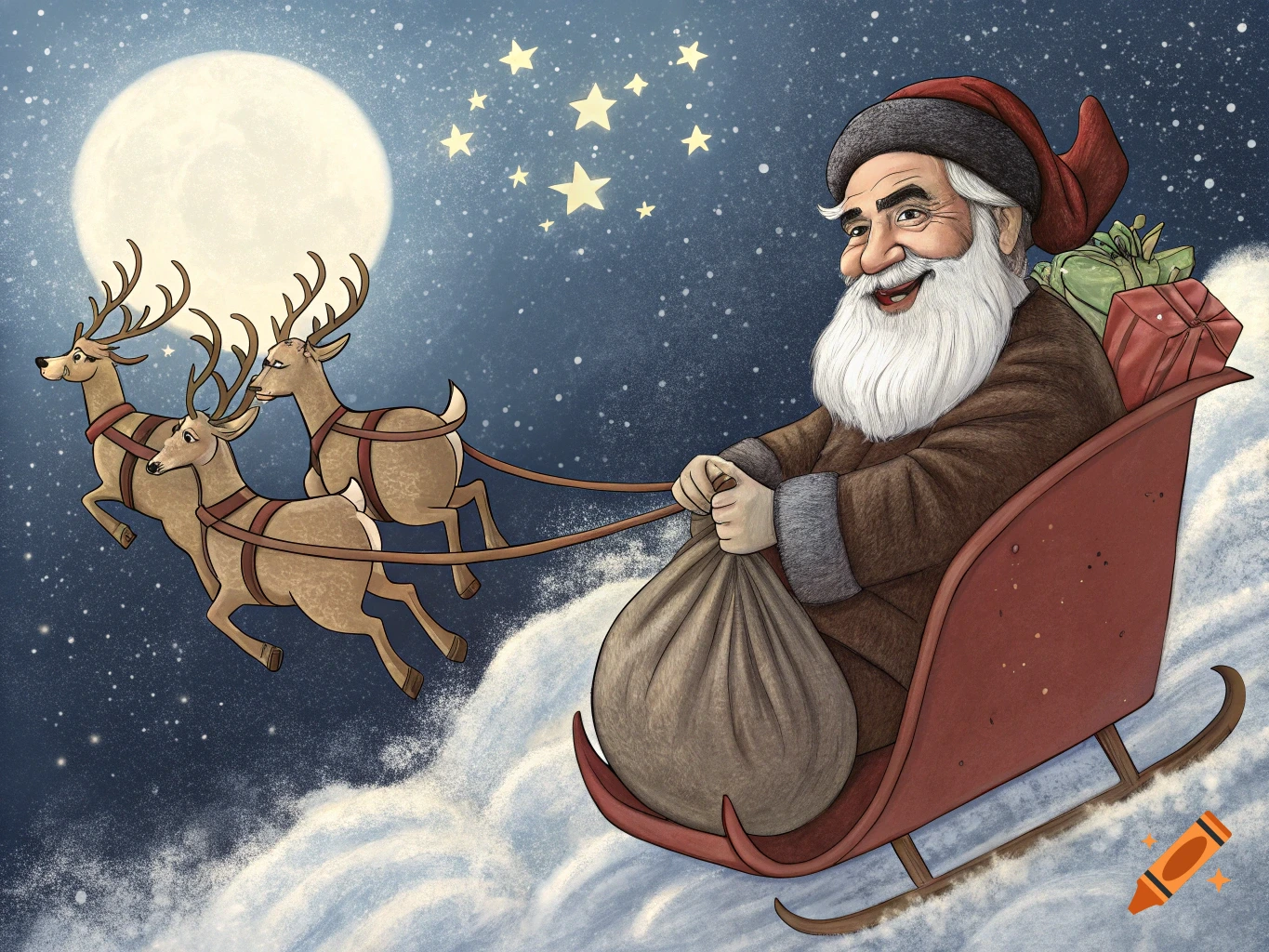 Stylized illustration of Santa Claus in a sleigh pulled by three ...