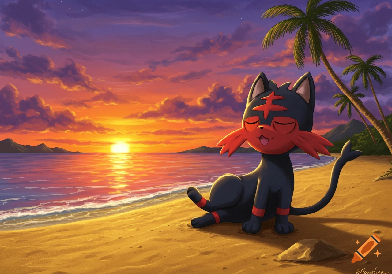 A black and red cat-like Pokémon, Litten, relaxes on a sandy beach at ...