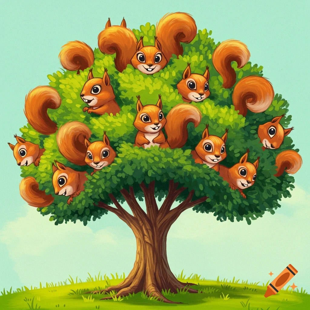 Cartoon illustration of a tree with many cute squirrel heads and tails ...