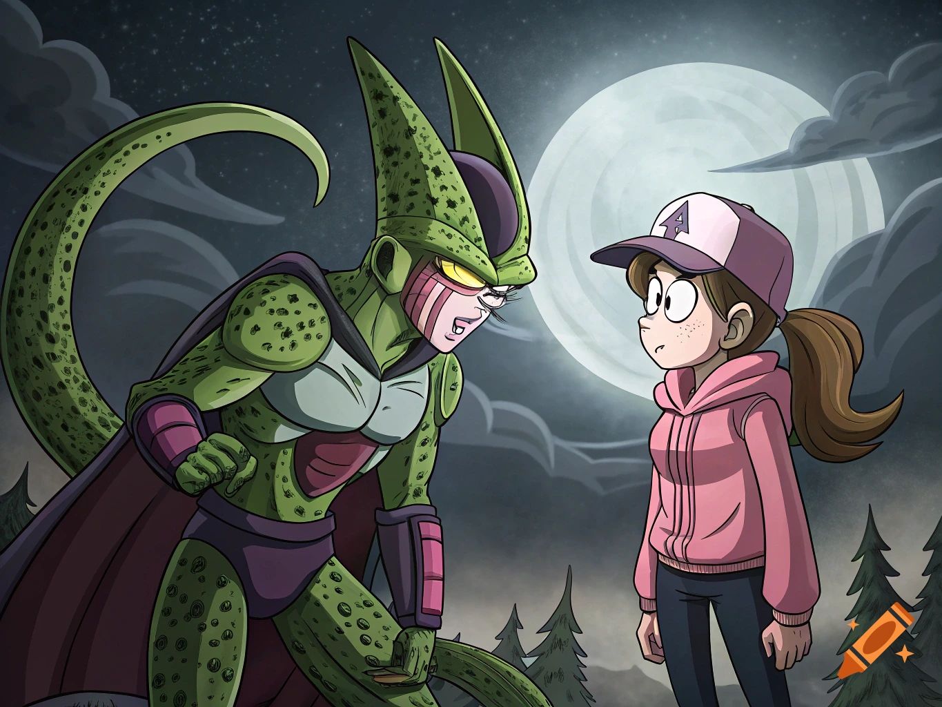 Cell from Dragon Ball Z faces Wendy from Gravity Falls at night under a ...