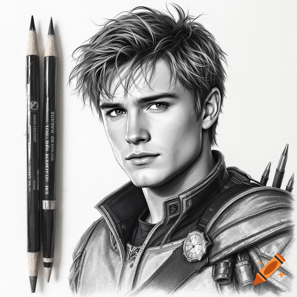 Pencil drawing portrait of a young man in armor-like clothing, with ...