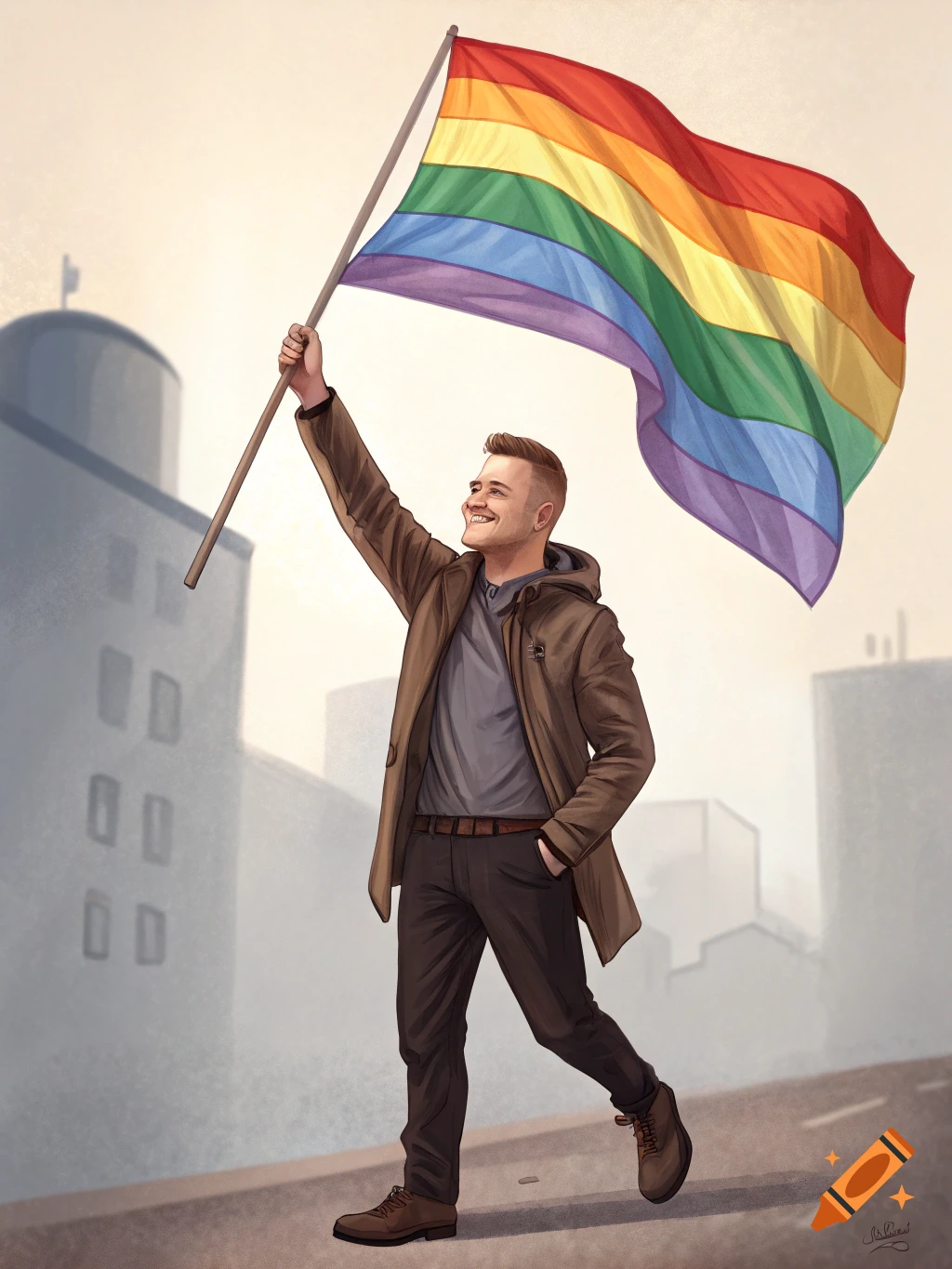 A happy man holds a rainbow flag aloft against a blurred city skyline ...
