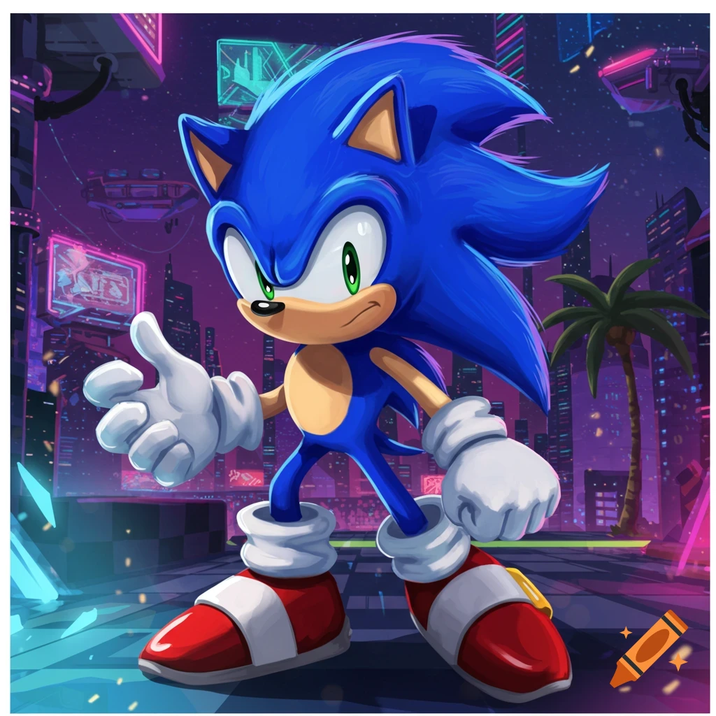 Sonic the Hedgehog stands in a futuristic city with neon lights. on Craiyon