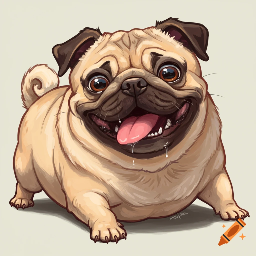Cartoon illustration of a happy pug dog sticking its tongue out and ...