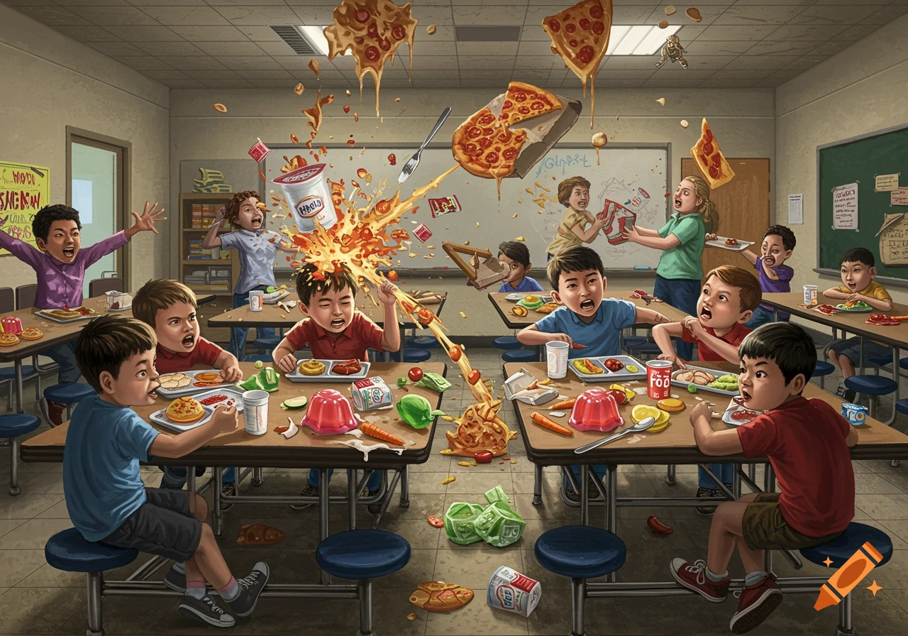 A chaotic food fight erupts in a school cafeteria, with children ...