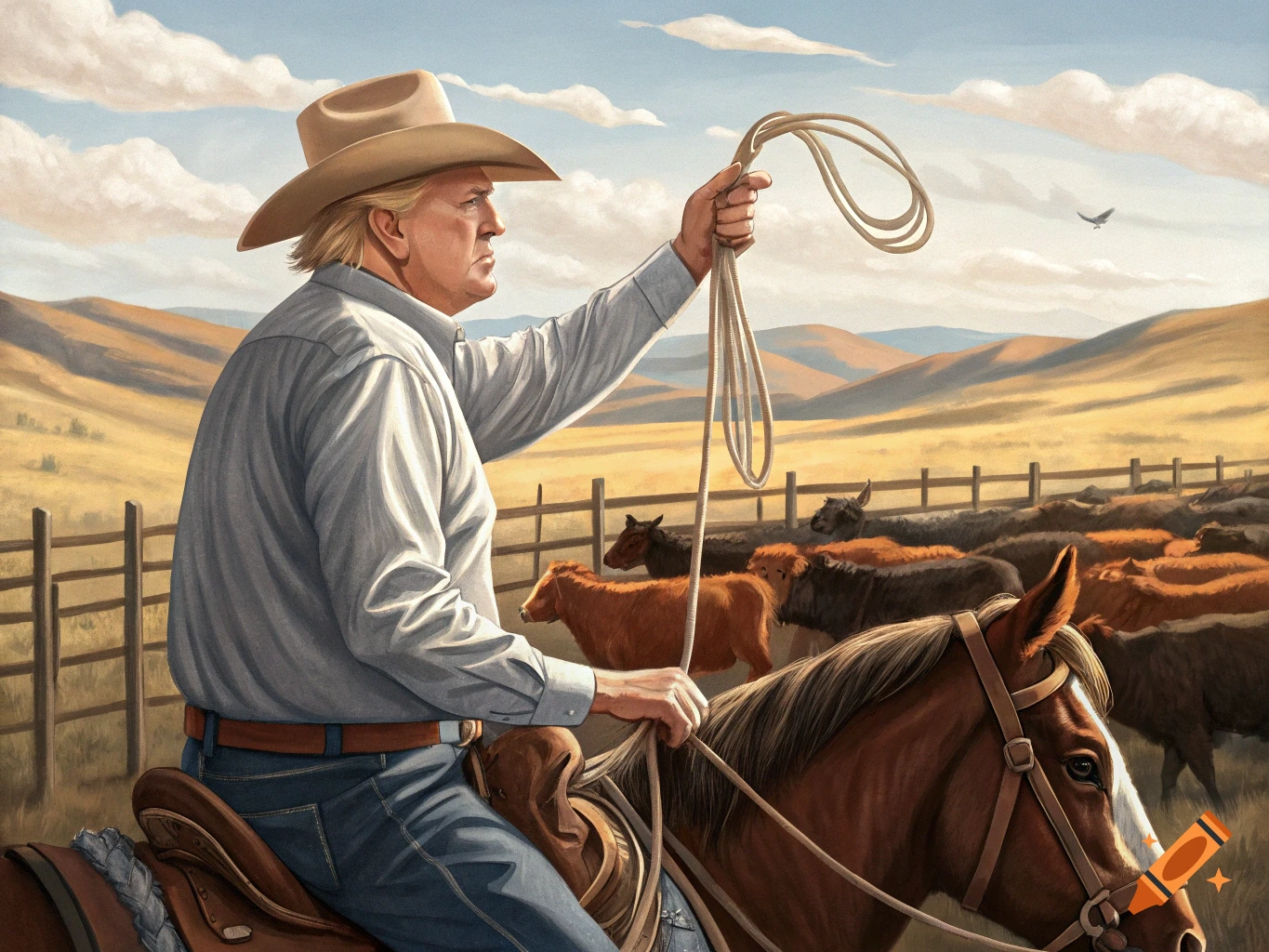 Donald Trump in a cowboy hat rides a horse, holding a lasso, and ...