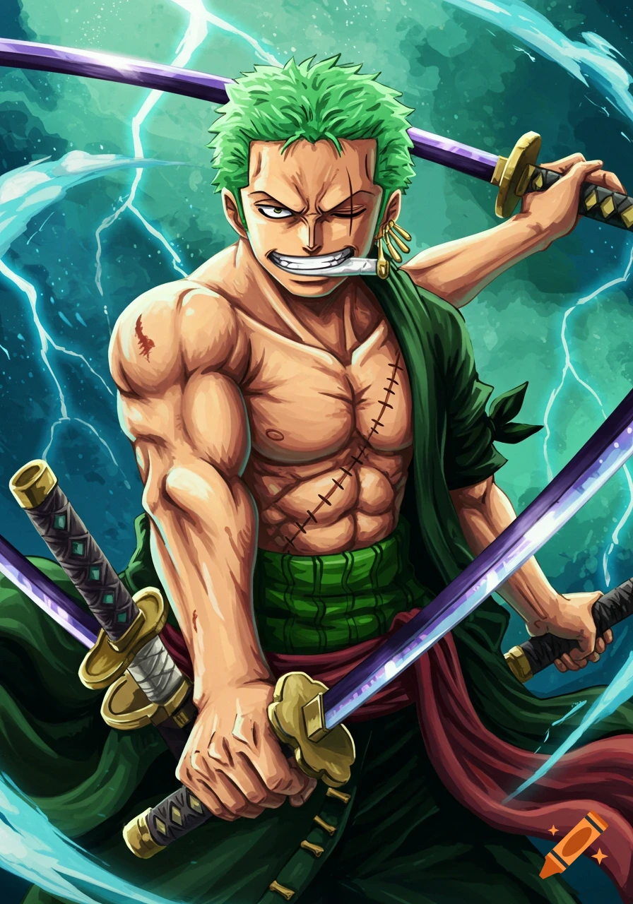 Roronoa Zoro from One Piece in an anime style illustration, holding ...