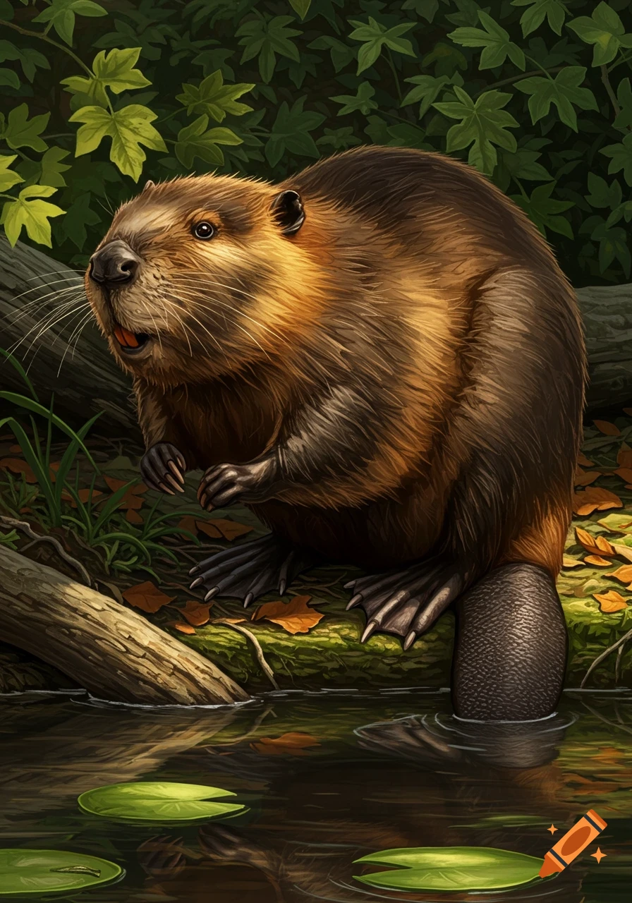 A highly detailed, realistic illustration of a beaver sitting by a ...