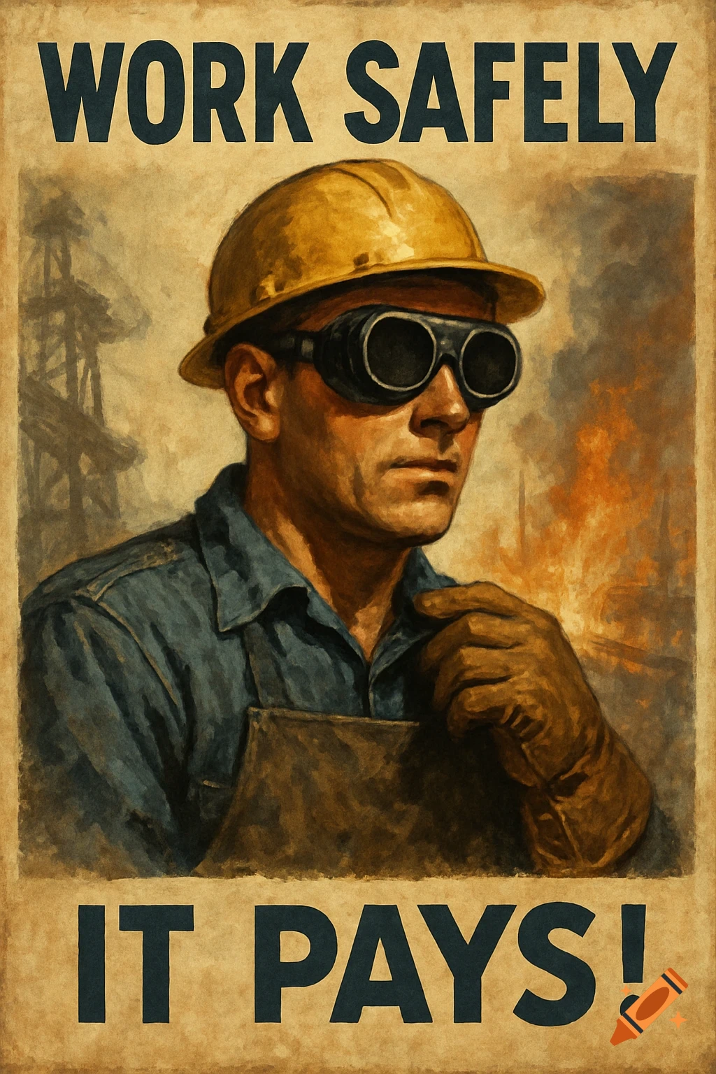 Vintage work safety poster featuring a male worker in a hard hat and ...